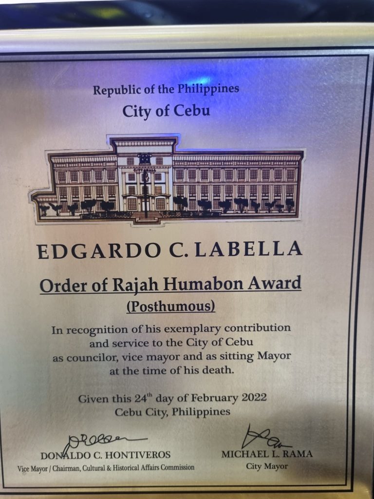Cebu City awards Labella posthumously with Order of Rajah Humabon ...
