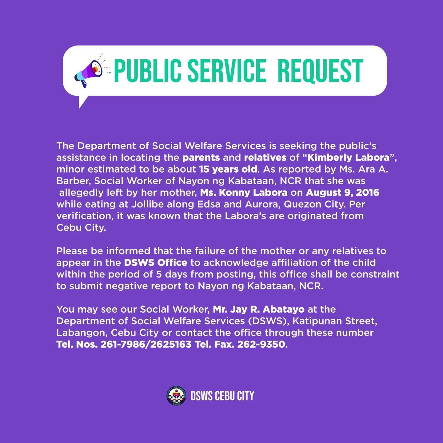 DSWS appeals for public's help in locating parents of 'abandoned' minor ...