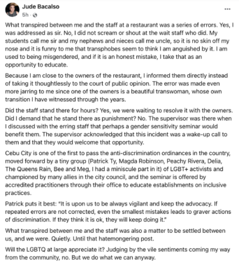 Misgendering incident? Jude Bacalso's 'restaurant drama' sparks online ...