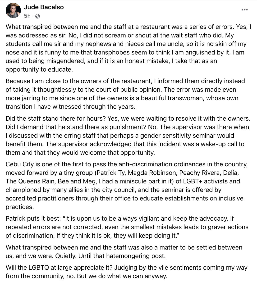 Misgendering incident? Jude Bacalso's 'restaurant drama' sparks online outrage | Cebu Daily News