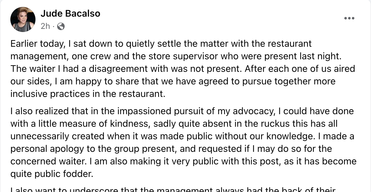Jude Bacalso says sorry for Cebu resto waiter 'sir' incident
