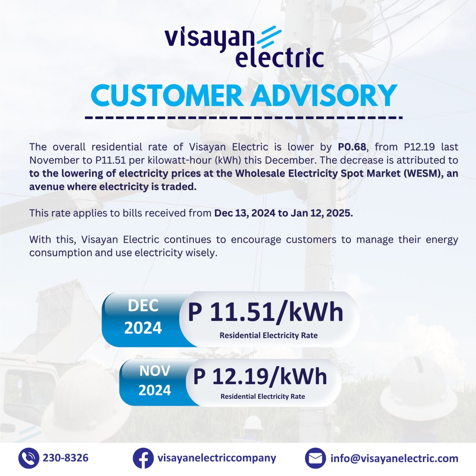 Visayan Electric Co. update: Residential rate down by P0.68/kWh for ...