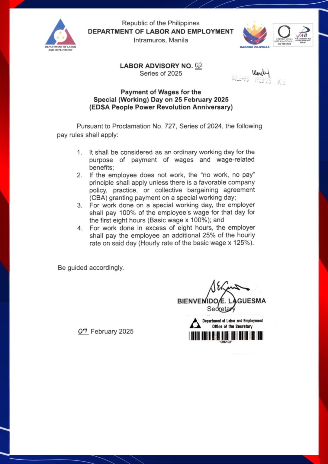 DOLE issues pay rules for special working day on February 25