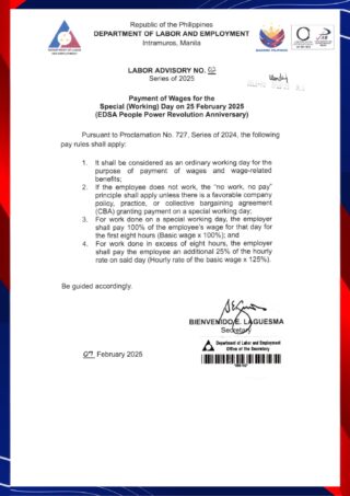 DOLE issues pay rules for special working day on February 25