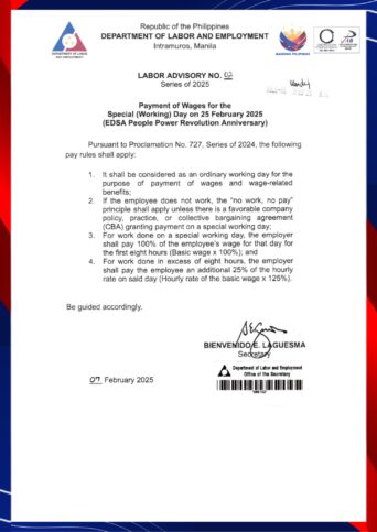 DOLE issues pay rules for special working day on February 25