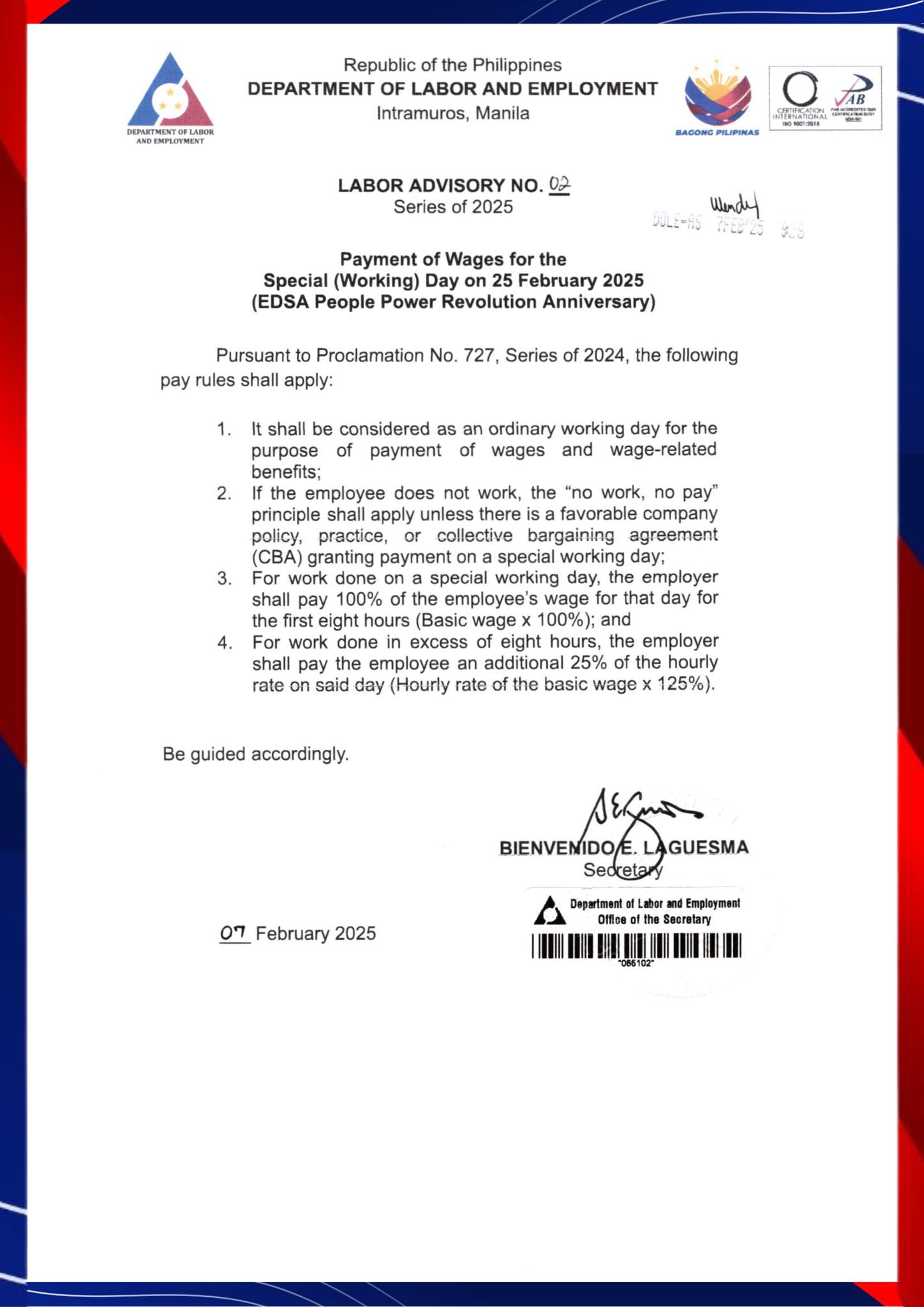 DOLE issues pay rules for special working day on February 25